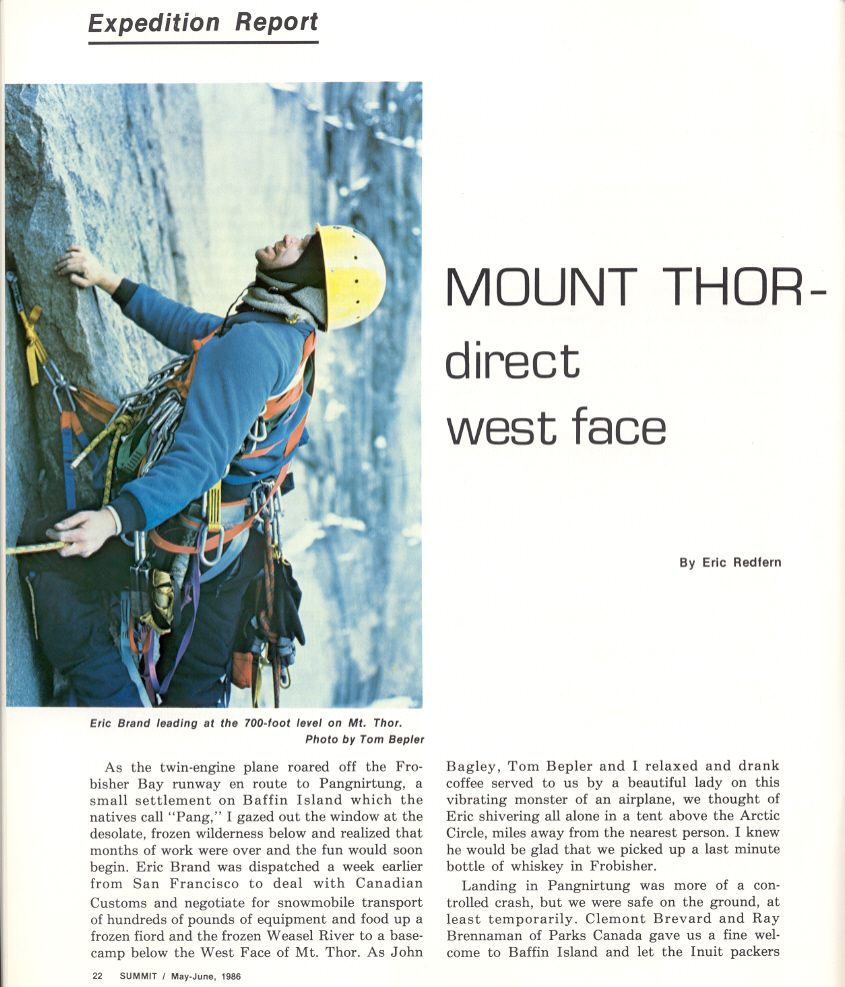 Mt.Thor-West Face Redfern Brand Bagley Bepler Summit 1986 :: SuperTopo ...